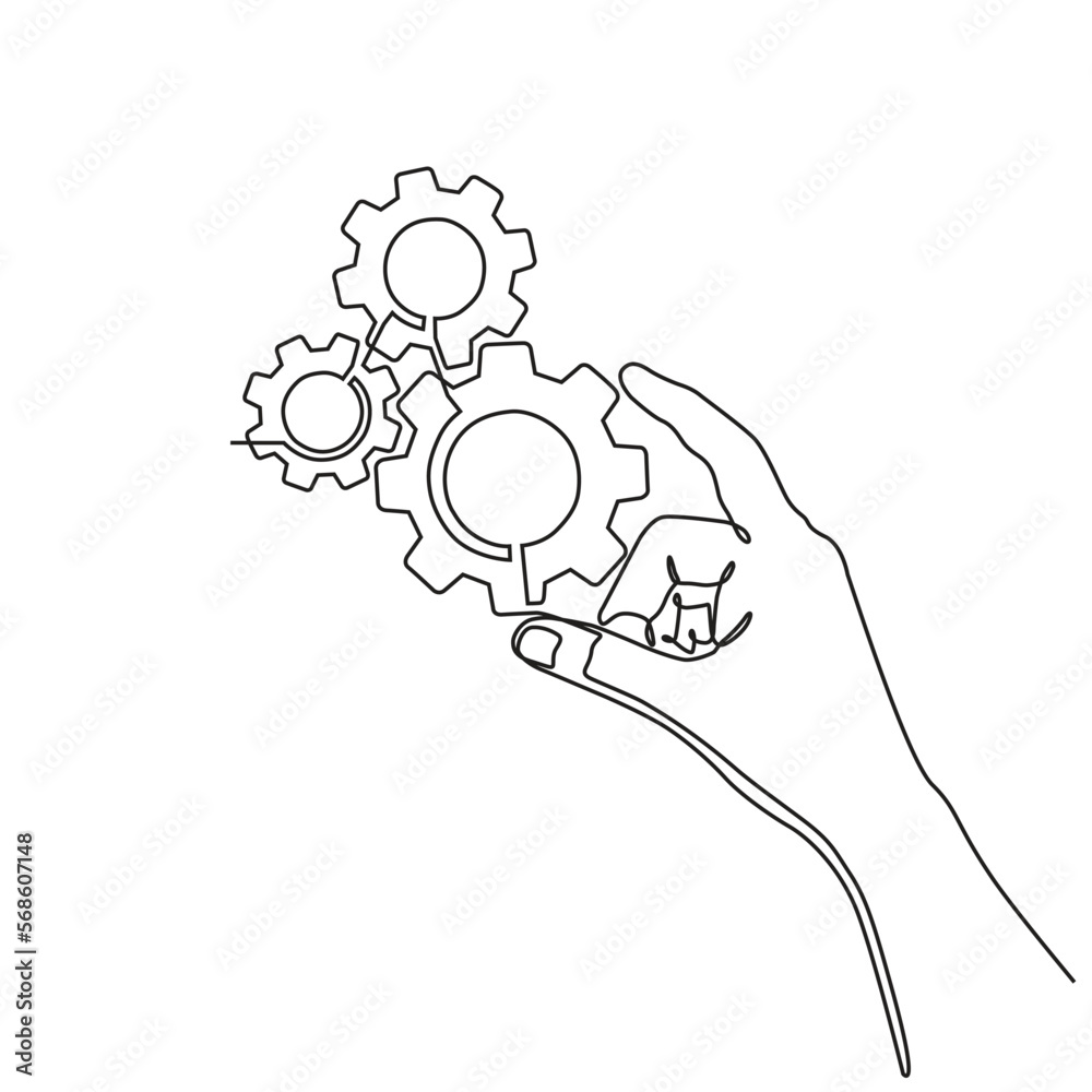 Continuous line drawing of hands holding metal gears. hand drawn metal ...