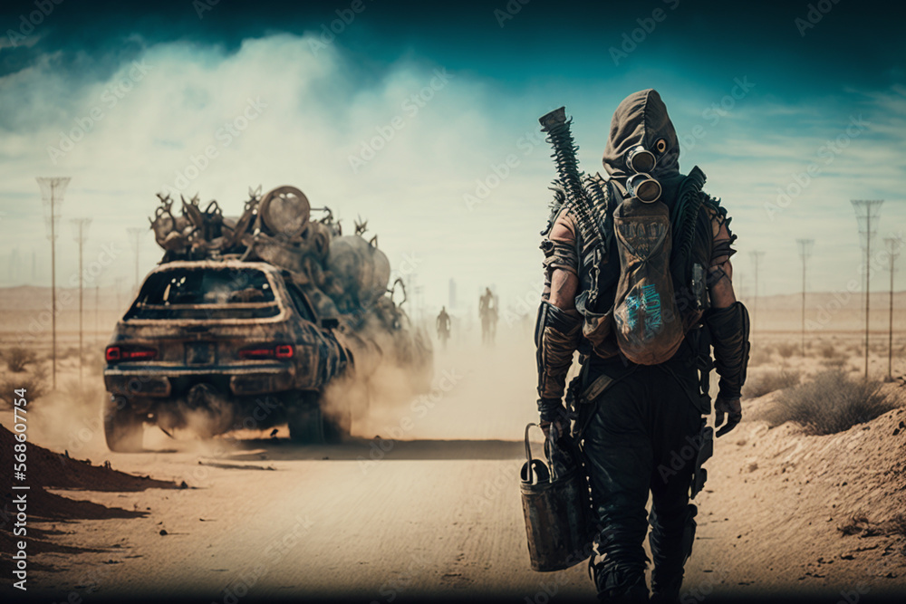 Back view of a postapocalypctic Character inspired and a car in the ...