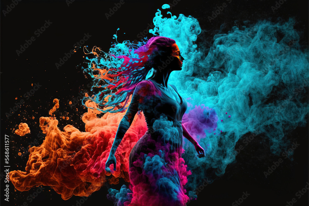 silhouette of woman / girl with colorful exploded smoke paint, for Holi ...