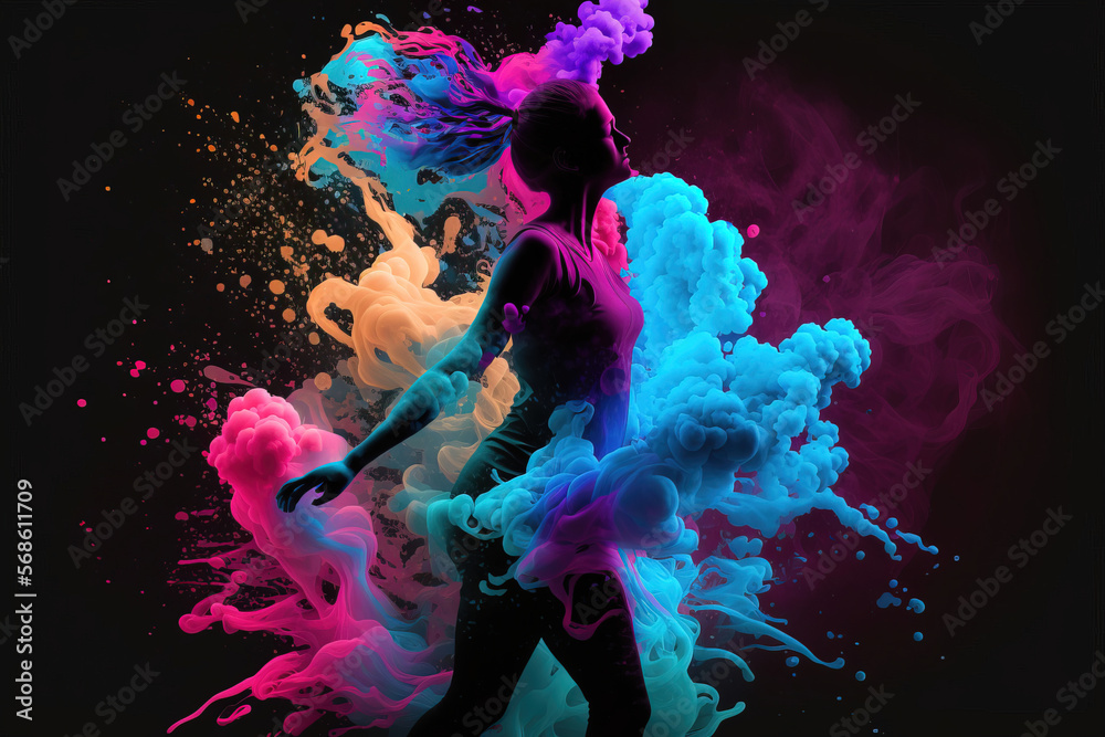 silhouette of woman / girl with colorful exploded smoke paint, for ...