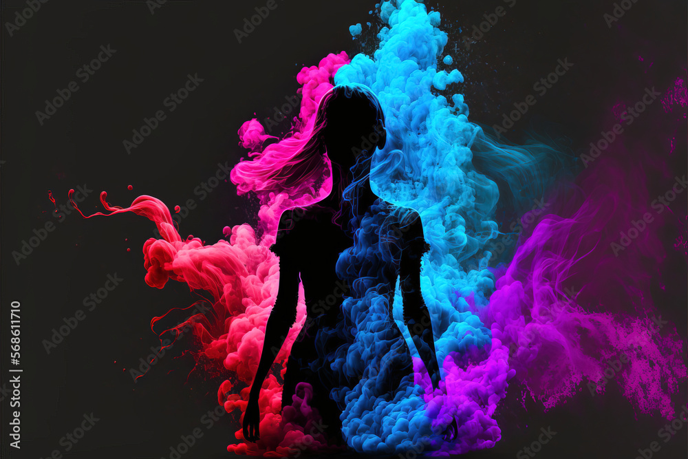 silhouette of woman / girl with colorful exploded smoke paint, for ...