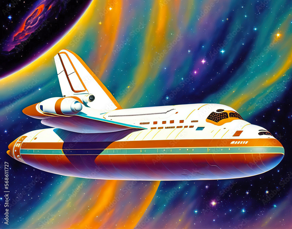 Space shuttle flying through a nebula. Generative AI cartoon style sci ...