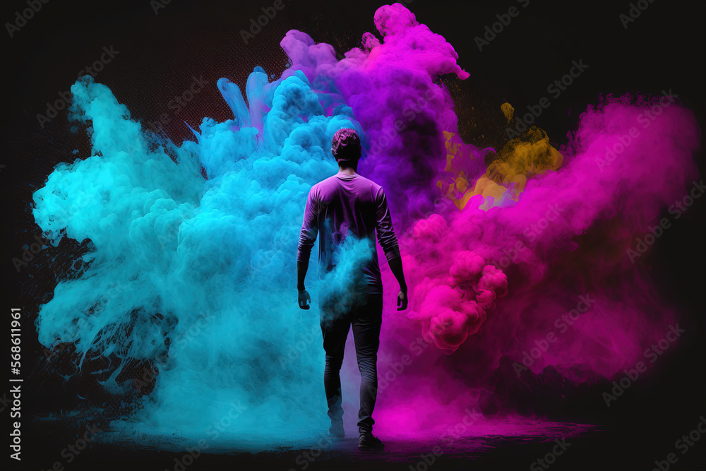 silhouette of man / boy with colorful exploded smoke paint, for ...