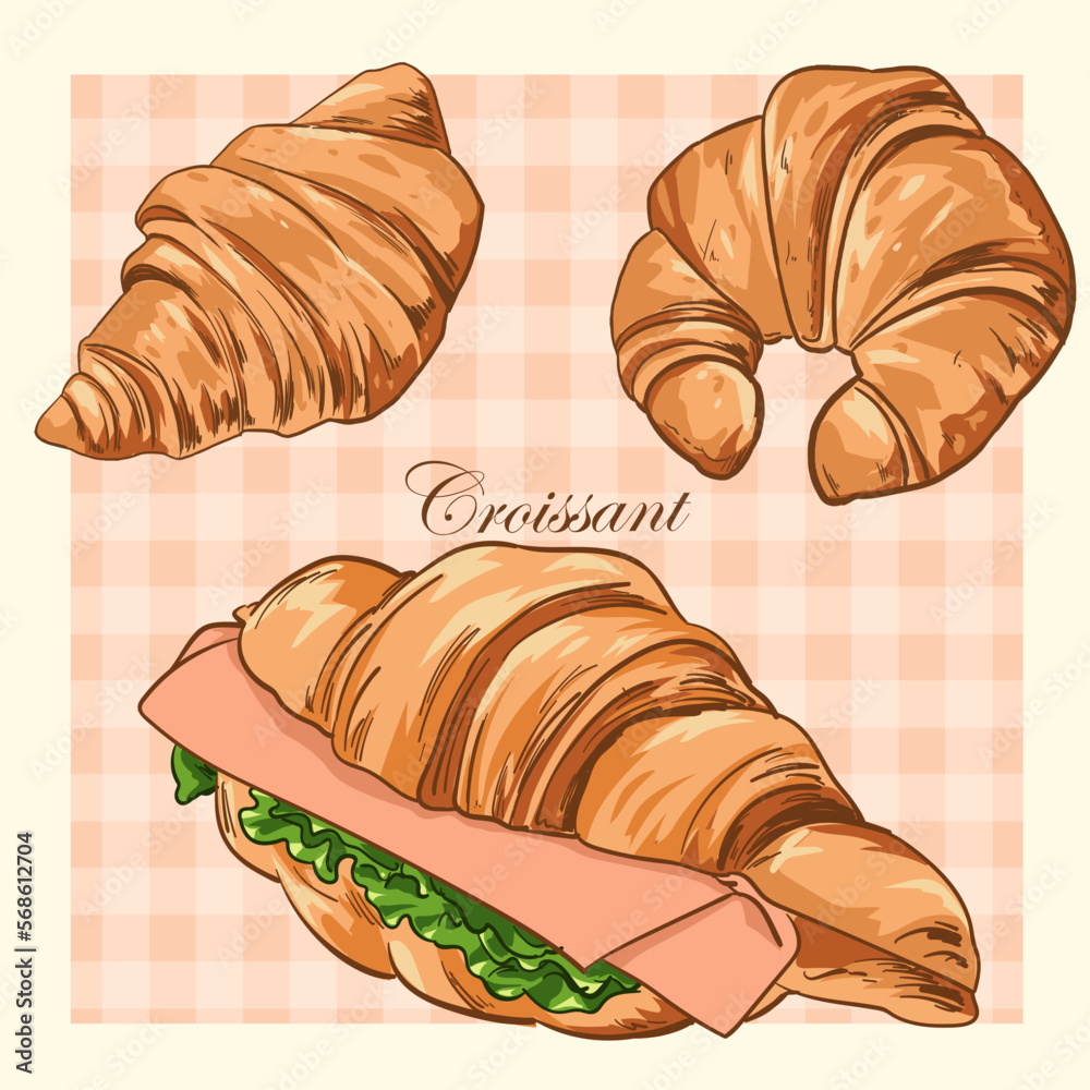 croissant cartoon Ham Sandwich Croissant style illustrato Stock Vector ...