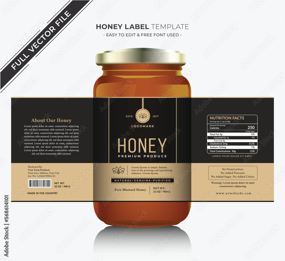 Honey label and honey design with honey vector new honey jar label ...