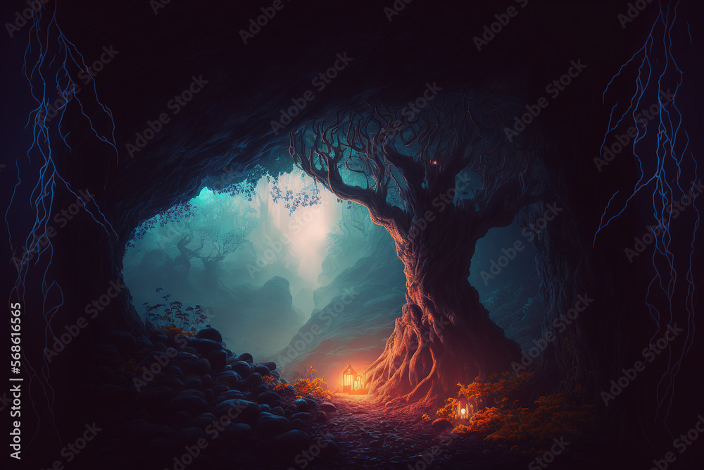 Sacred fantasy tree of life with afterlife portal gate leading to ...