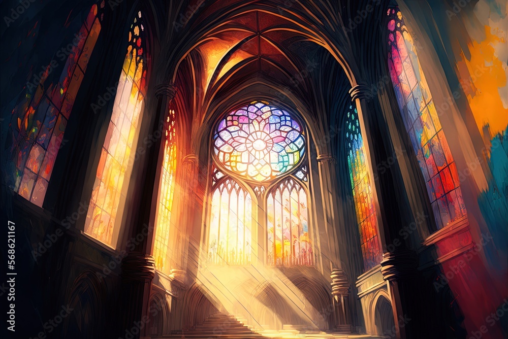 cathedral interior with colorful stained glass windows and beautiful ...