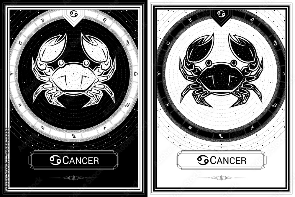 Crab Cancer Zodiac Sign and Symbol, Classic Luxury Circular Black-White ...