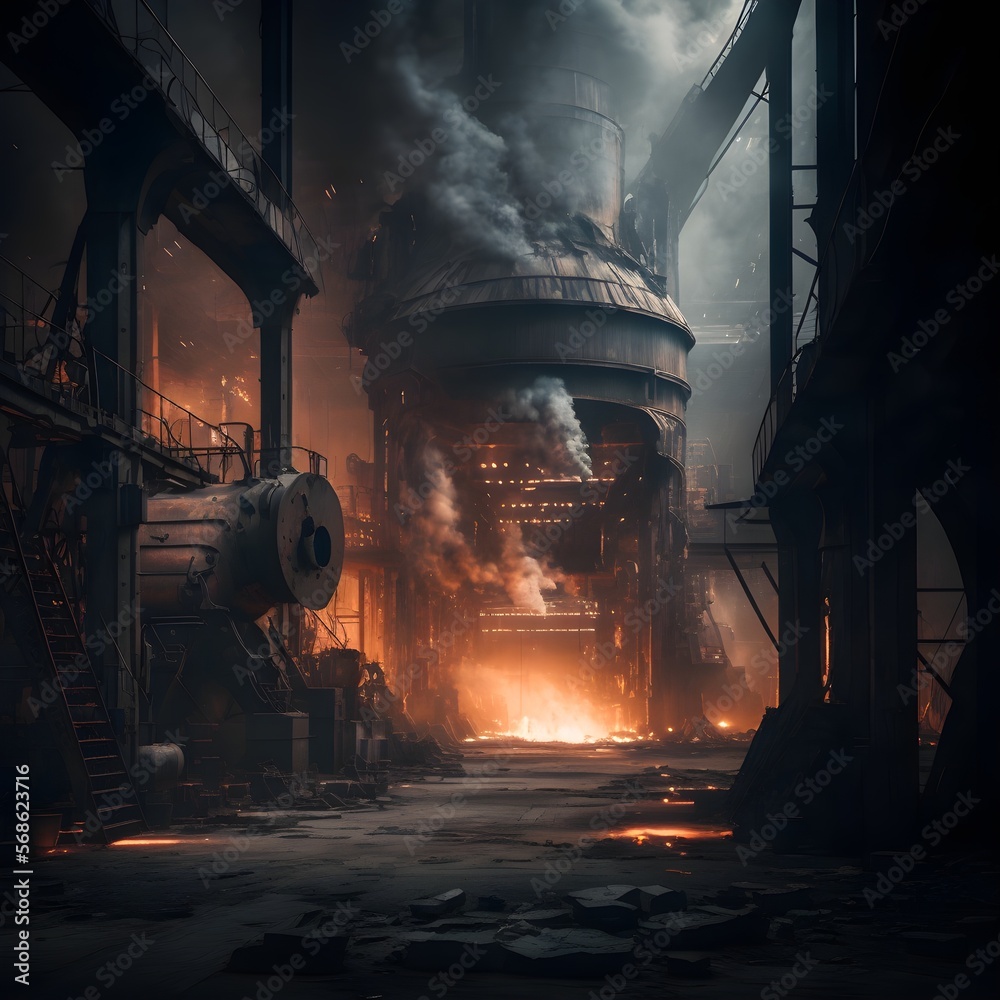 large main industrial hall at steelworks eerie mood no people blazing ...