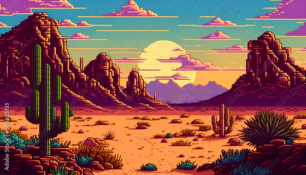 beautiful sunrise landscape of the desert, pixel art style. generative ...
