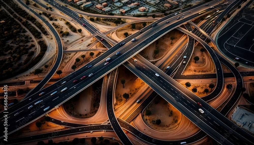 Aerial Panoramic View Of Highway Interchanges And Traffic Patterns ...