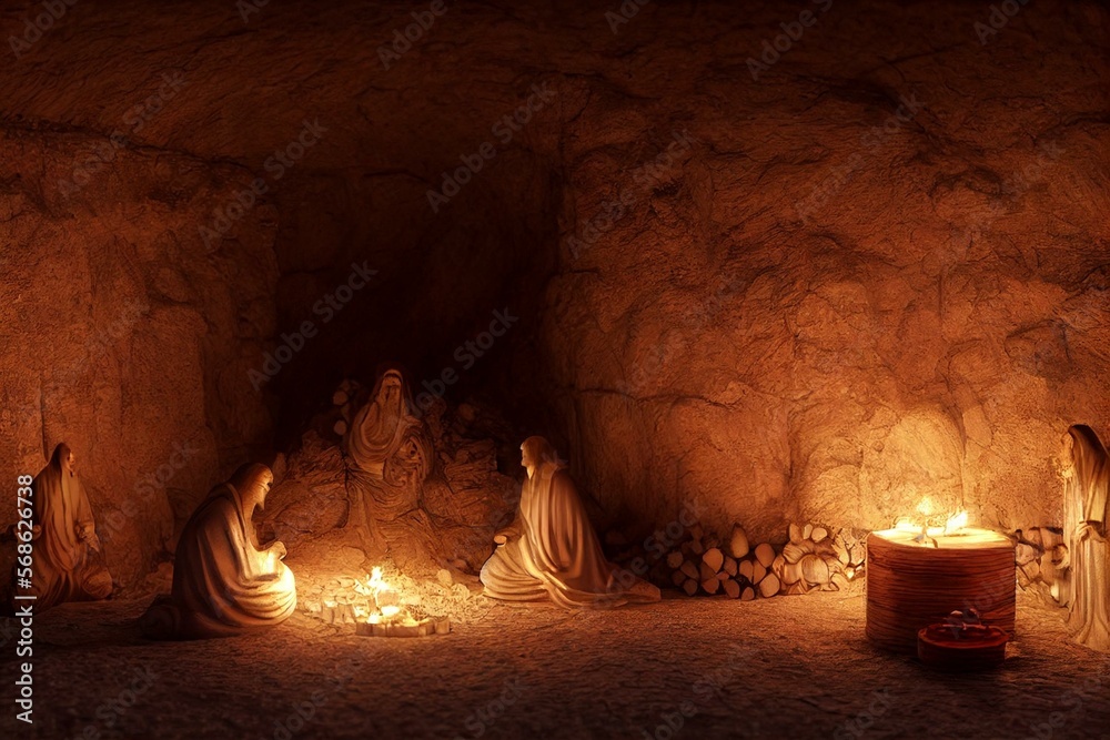 Wooden manger and star of Bethlehem in cave, nativity scene background ...