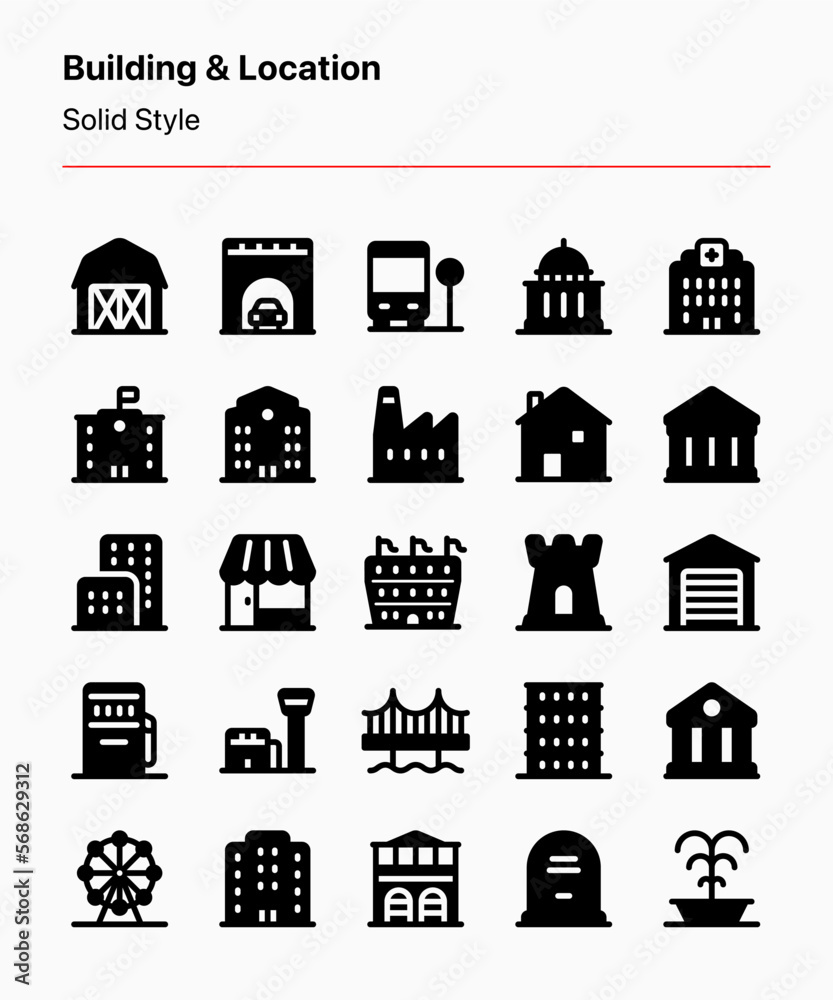 Customizable set of building and location icons consisting of common ...
