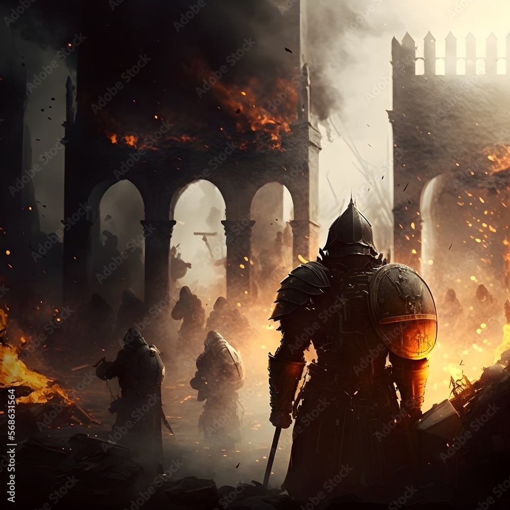 battlefield clash of golden army vs fiery demons panoramic castle ...