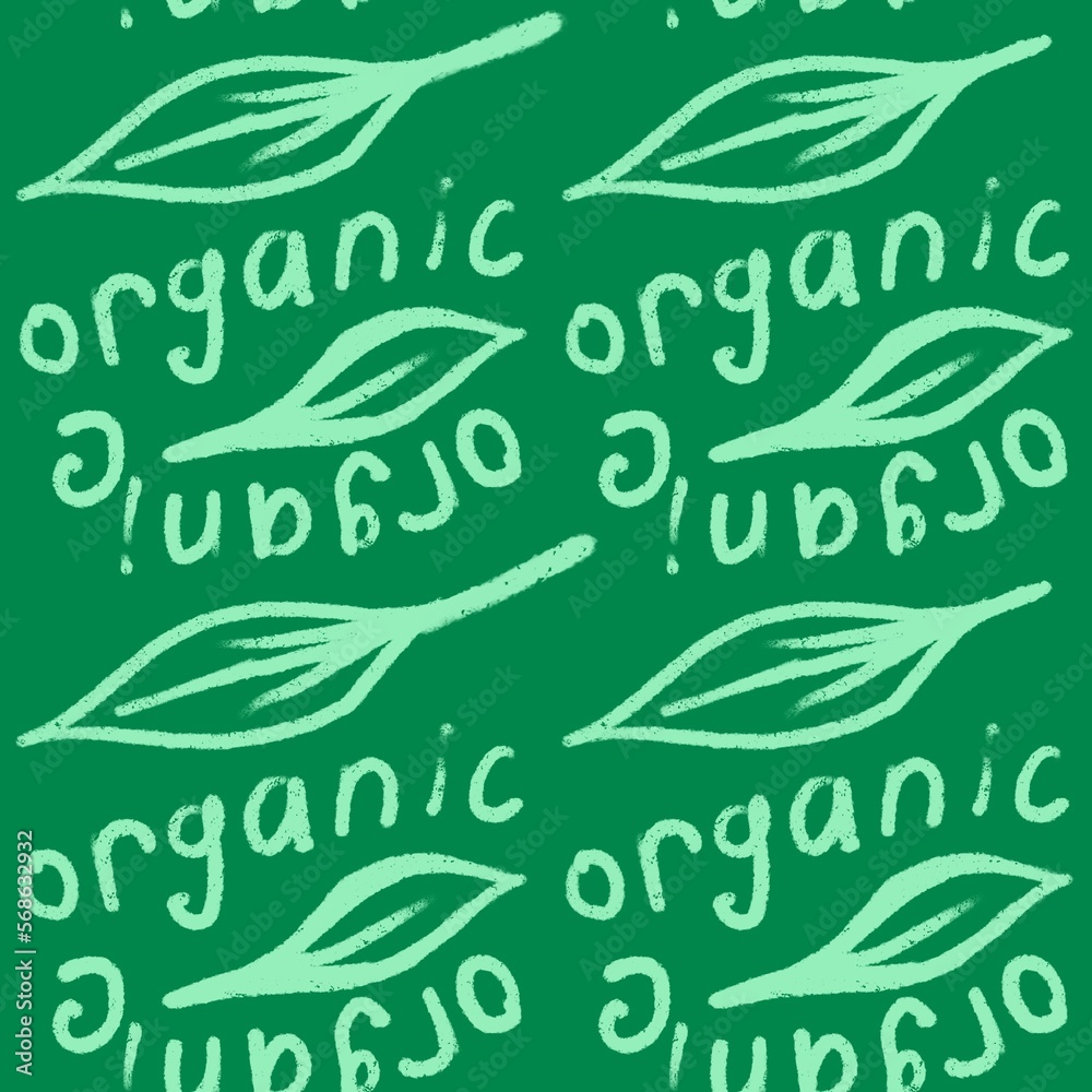 Hand drawn seamless pattern eco organic words leaves on green ...