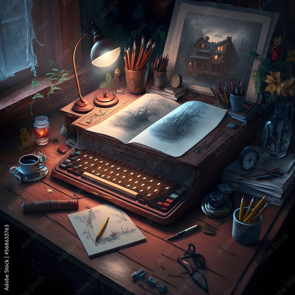 writing desk keyboard pencils writers sketchbook with surrealistic ...