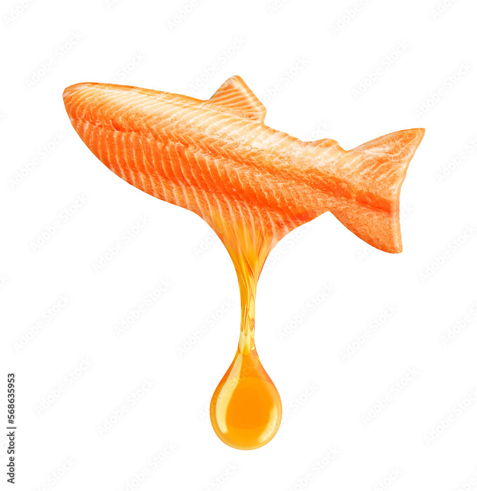 Drops of oil dripping from salmon fillet. Salmon fillet in the shape of ...
