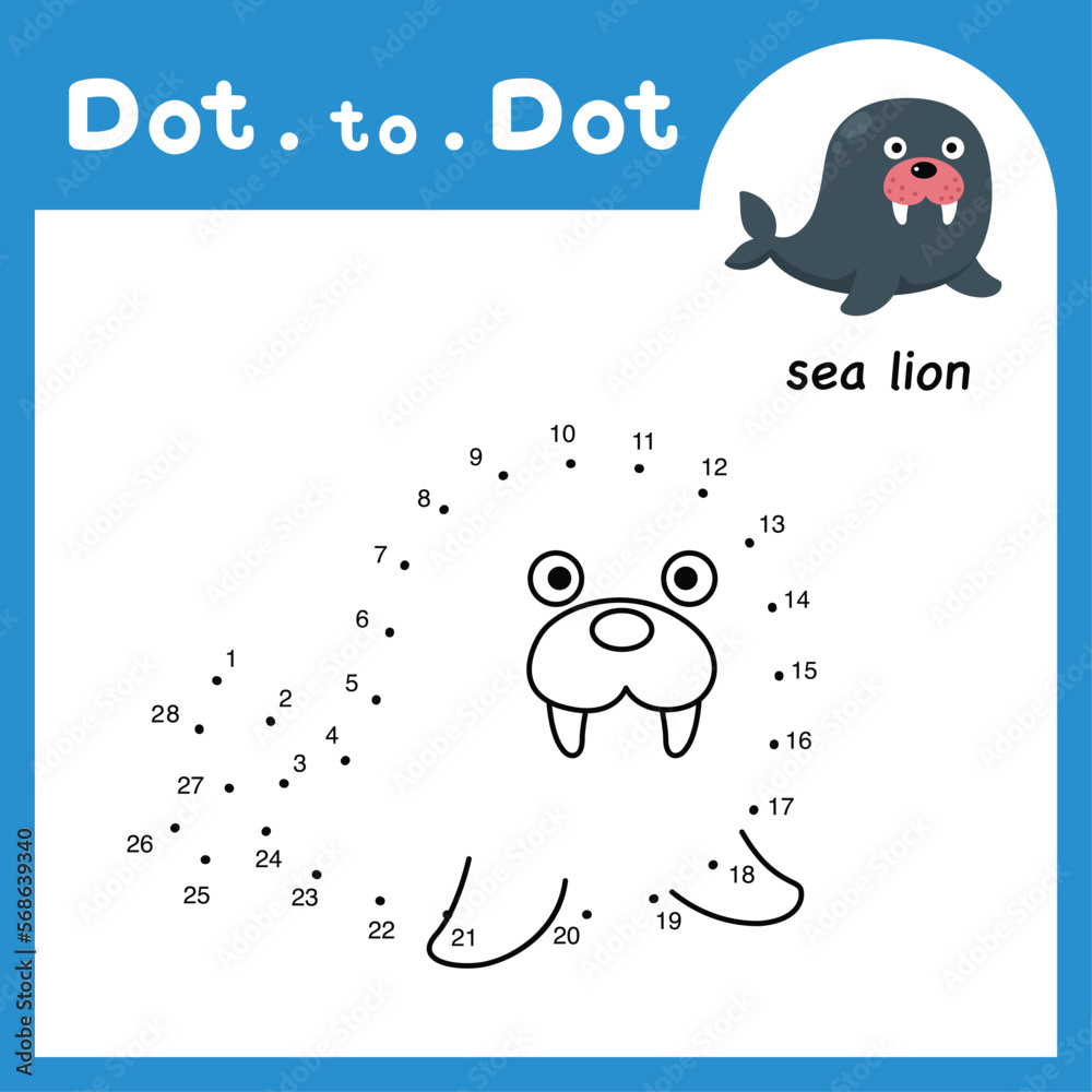 Dot to dot educational game and coloring book of sea lion animal ...