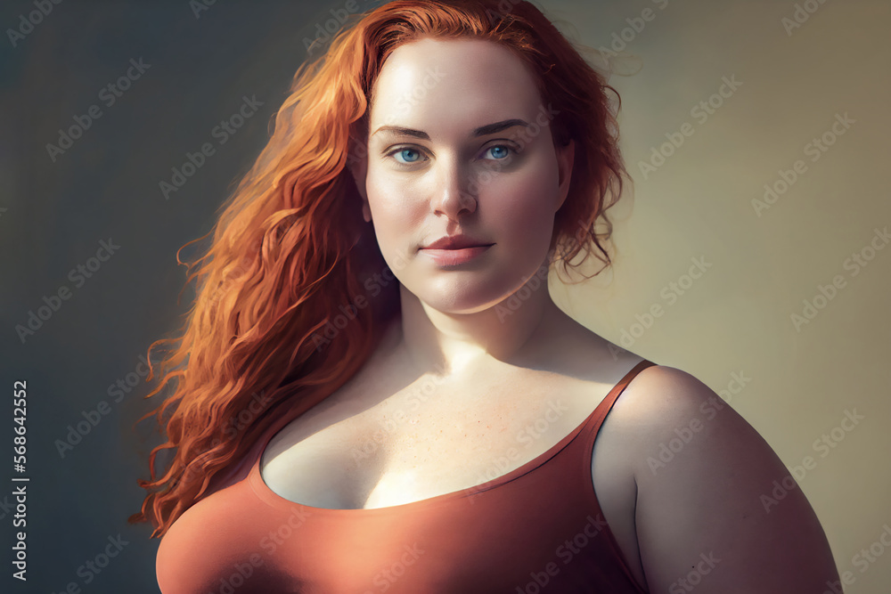 Confident and radiant woman with rounded shapes and long, flowing red hair. exudes self ...