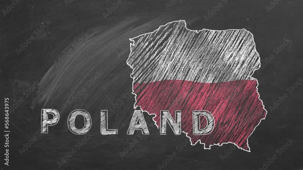 Map of Poland with name and flag inside drawn in chalk on a blackboard ...