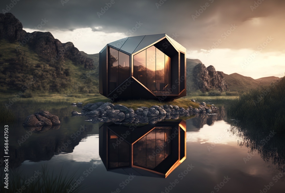reflection in the lake futuristic cube house with metal walls and ...