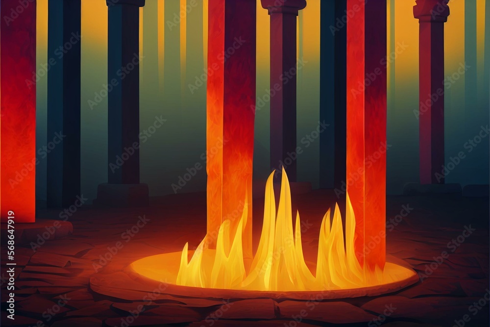 Ancient circle stone altar with fire on pillars in jungle Colorful ...