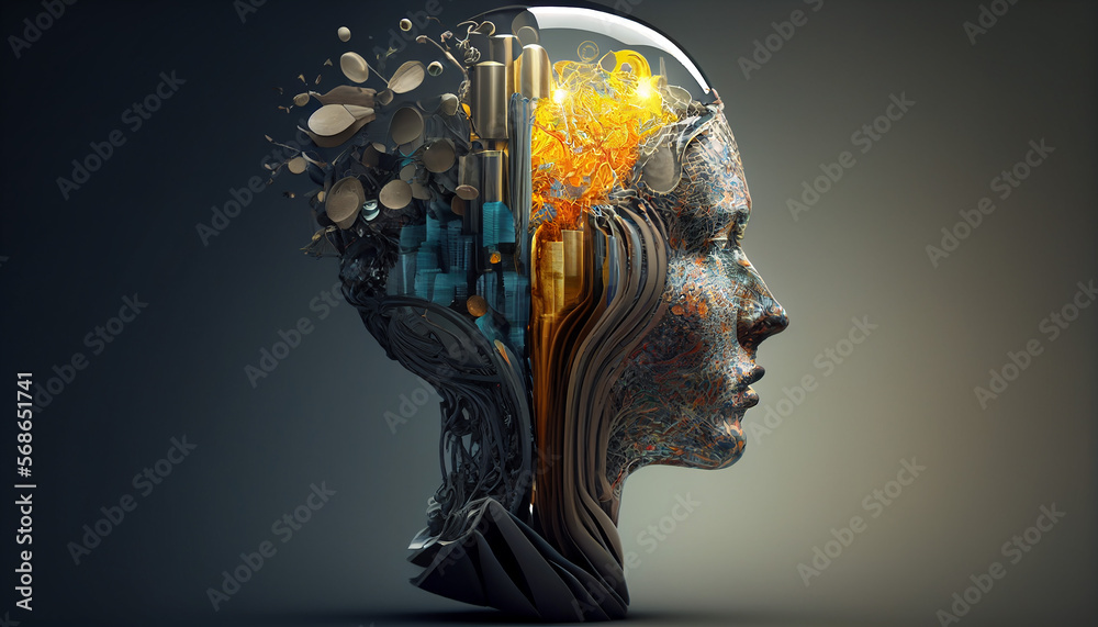 Concept art of a human brain exploding with knowledge and creativity ...