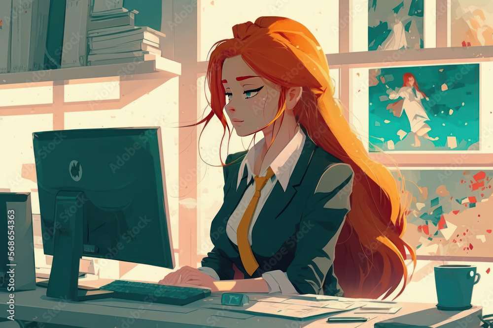Beautiful anime business woman with long red hair and tie in office ...