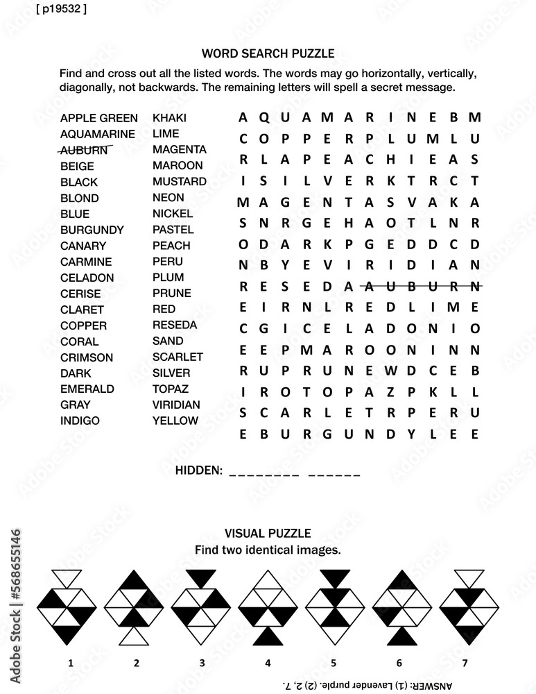 Puzzle page with two brain games: color names and properties word ...