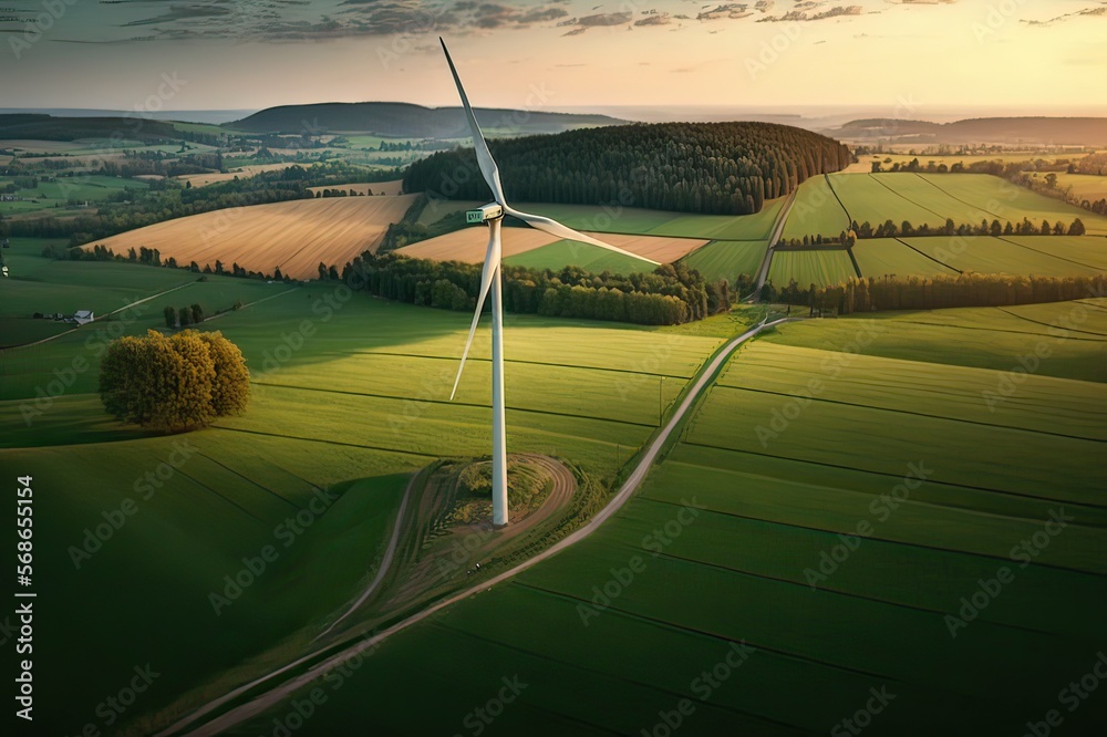 Beautiful Sunset View of Green Landscape and Wind Turbine: Innovative ...