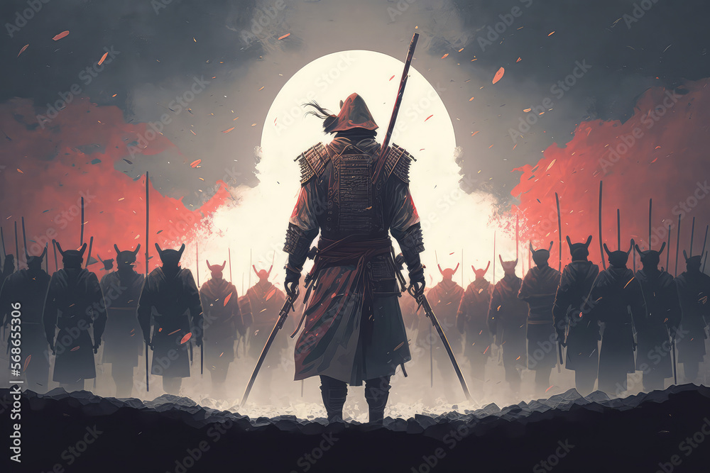 illustration painting A samurai with a katana stands ready to fight ...