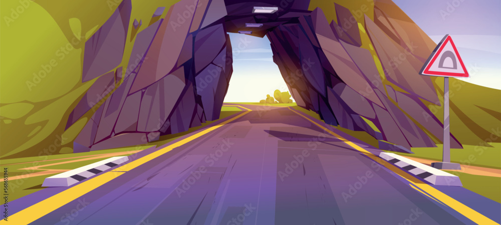 Cartoon road going through tunnel in mountain. Vector illustration of ...