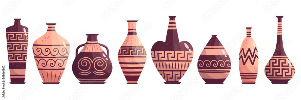 Greek vase ancient jar set isolated. Ceramic vase with greek symbol ...
