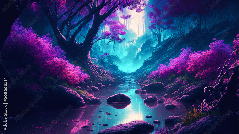 Fantasy and calm forest with a flowing river. Fantasy landscape concept ...