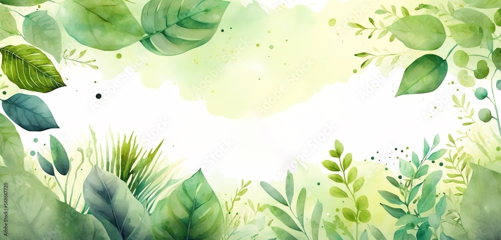 Green leaf empty banner template, green natural watercolor painting ...