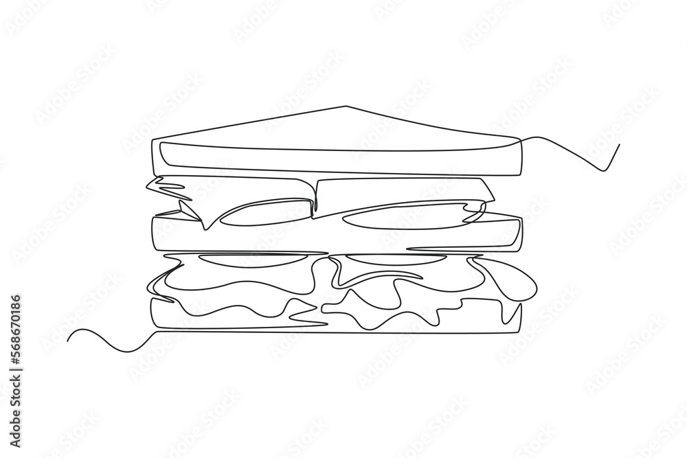 Continuous one line drawing a Ham and vegetable sandwich. Breakfast ...