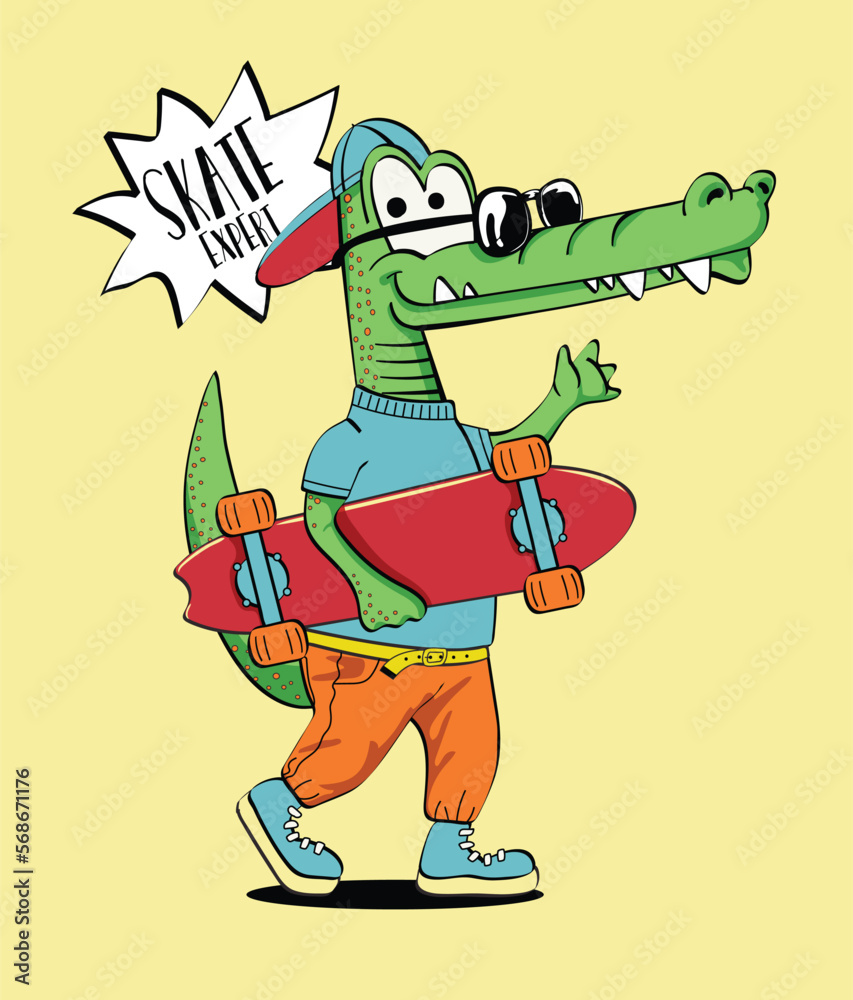 cool crocodile cartoon. aligator skateboard illustration Stock Vector ...