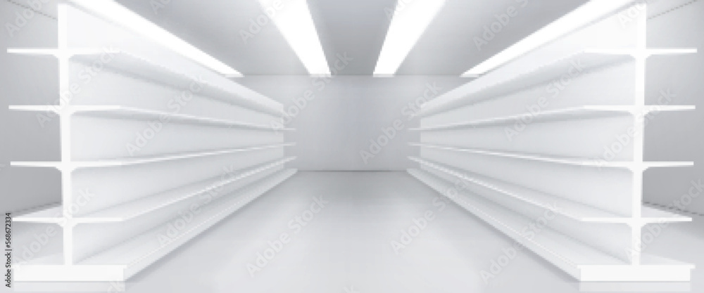 Realistic supermarket interior mockup with white shelves. Vector ...