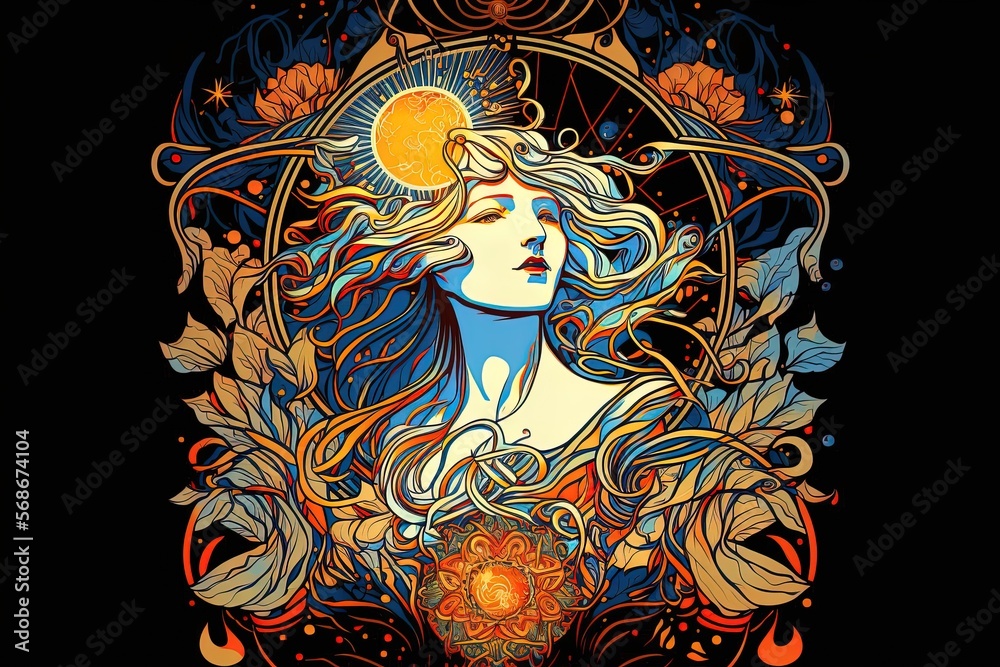 Happy abstract astral shape, moon and sun, art nouveau, expressionism. Mucha and tarot card ...