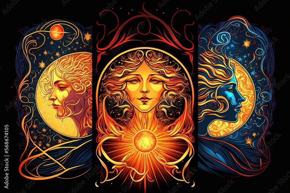 Happy abstract astral shape, moon and sun, art nouveau, expressionism. Mucha and tarot card ...