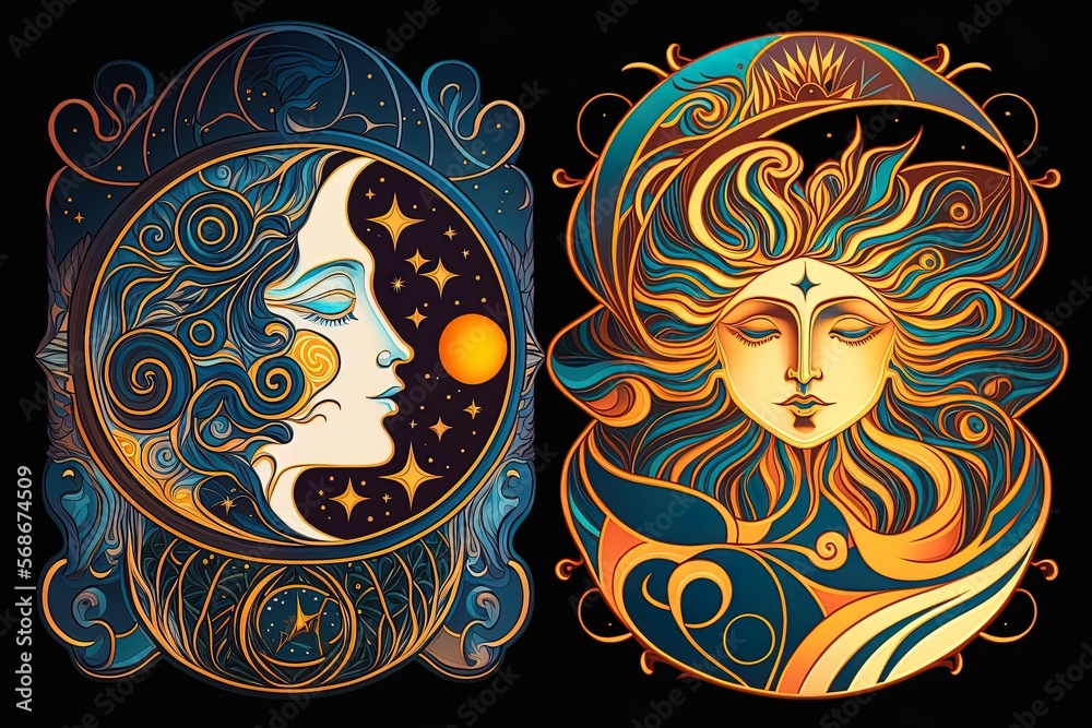 Happy abstract astral shape, moon and sun, art nouveau, expressionism ...