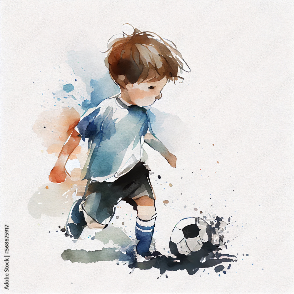 Watercolor illustration of a boy playing soccer. Generative ai Stock ...