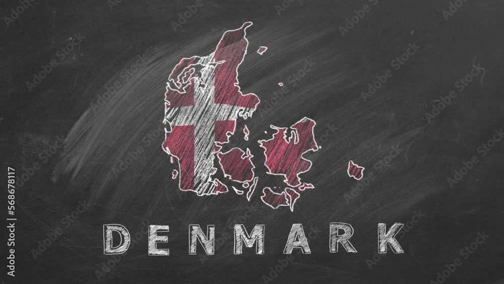 Map of Denmark with name and flag inside drawn in chalk on a blackboard ...