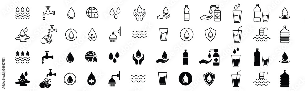 Water line and flat icons vector. Water with editable stroke. Water ...