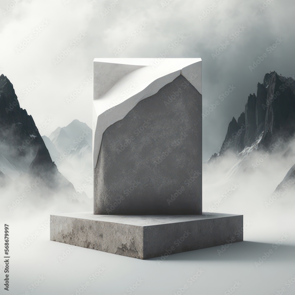 Minimalist stone podium on misty mountain background, perfect for ...