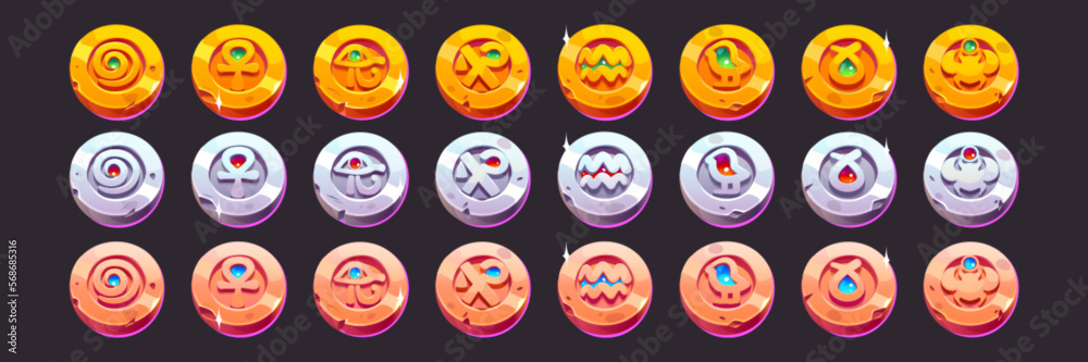 Ancient Egyptian gold coins with symbols of gods, pharaoh power, scarab ...