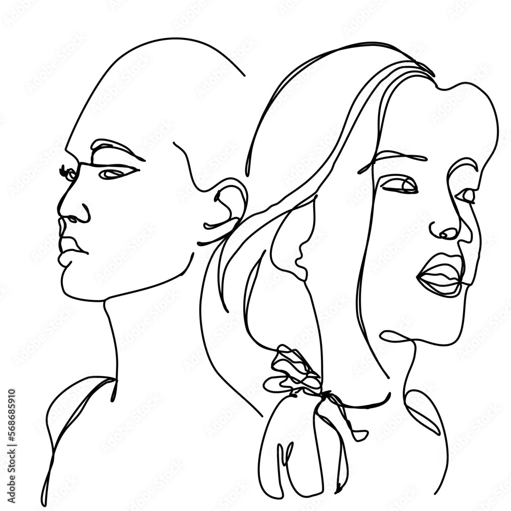 line art two wonen yong,black and white protrait sketch drawing design ...