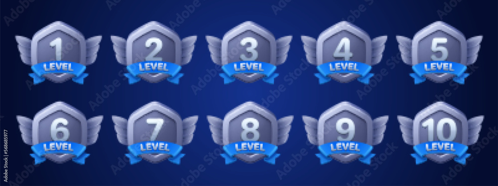 Vector game icon set with level up badge. Isolated achievement emblem ...