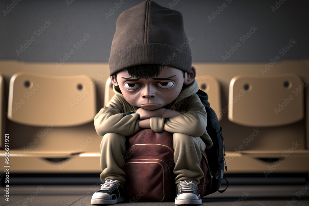 Kids bullying at school. Sad boy sitting alone, scared and depressed ...