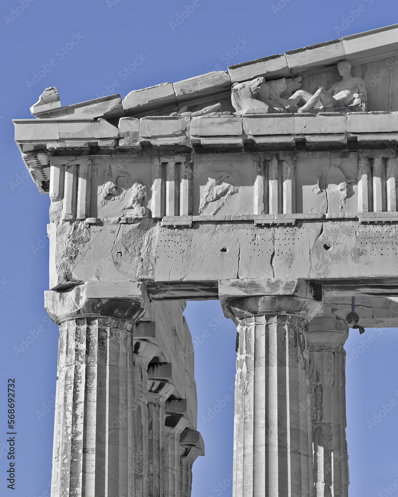 Detail of Parthenon, the famous ancient Greek temple on the acropolis ...